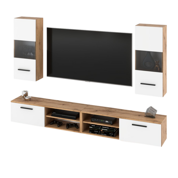 MIRANDA - Hanging TV Unit Set - 4 Cabinets - Wotan Oak / White Matt ...
