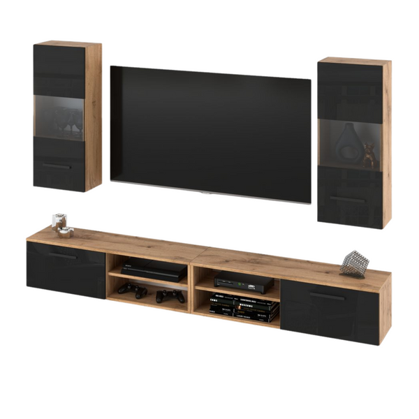 MIRANDA - Hanging TV Unit Set - 4 Cabinets - Wotan Oak / Black Gloss ...
