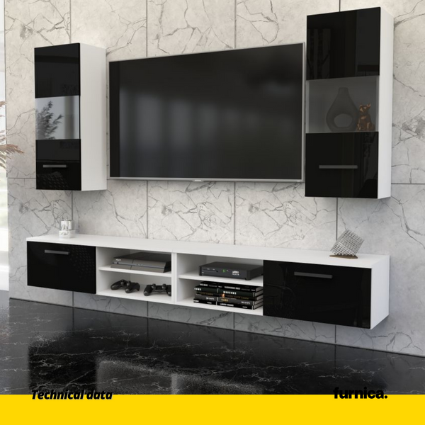 MIRANDA - Hanging TV Unit Set - 4 Cabinets - White Matt / Black Gloss ...