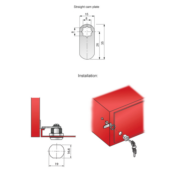 Cabinet Lock with Straight Cam Plate 19x20mm, Chrome - Furnica