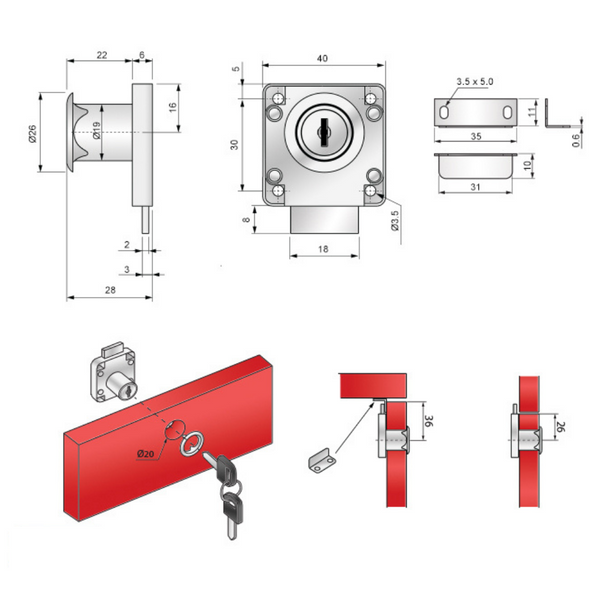 Square Furniture Lock 19x22mm, Folding Key, Chrome - Furnica