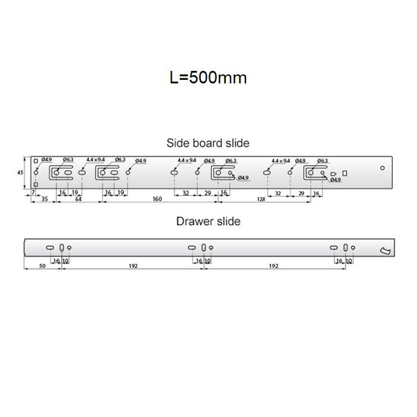 Drawer runners soft-close 500mm - H45 (right and left side) - Furnica