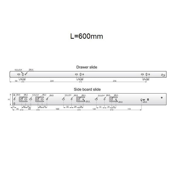 Drawer runners soft-close 600mm - H45 (right and left side) - Furnica